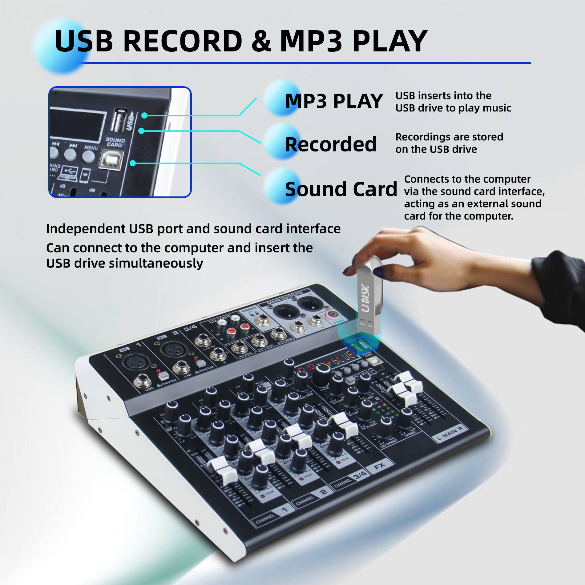 MOREFAND CS4/F4/F7 99DSP Professional Audio Mixer 4 channel na stereo output PC/Bluetooth/USB ...