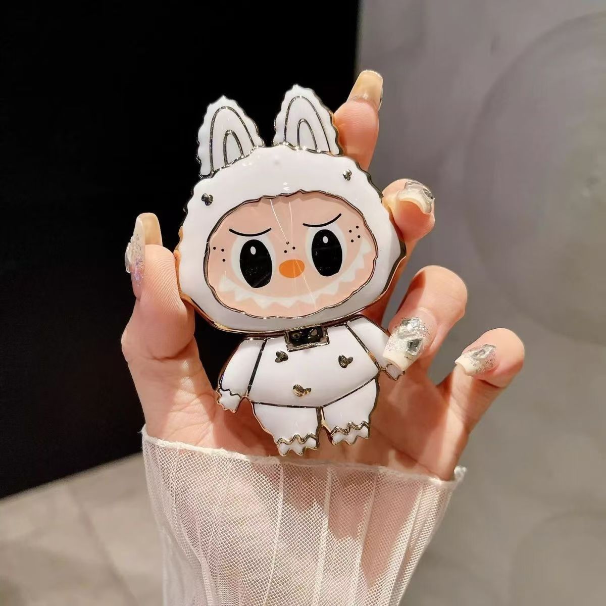 Cartoon labubu Carved Phone Holder with Makeup Mirror Portable Folding ...