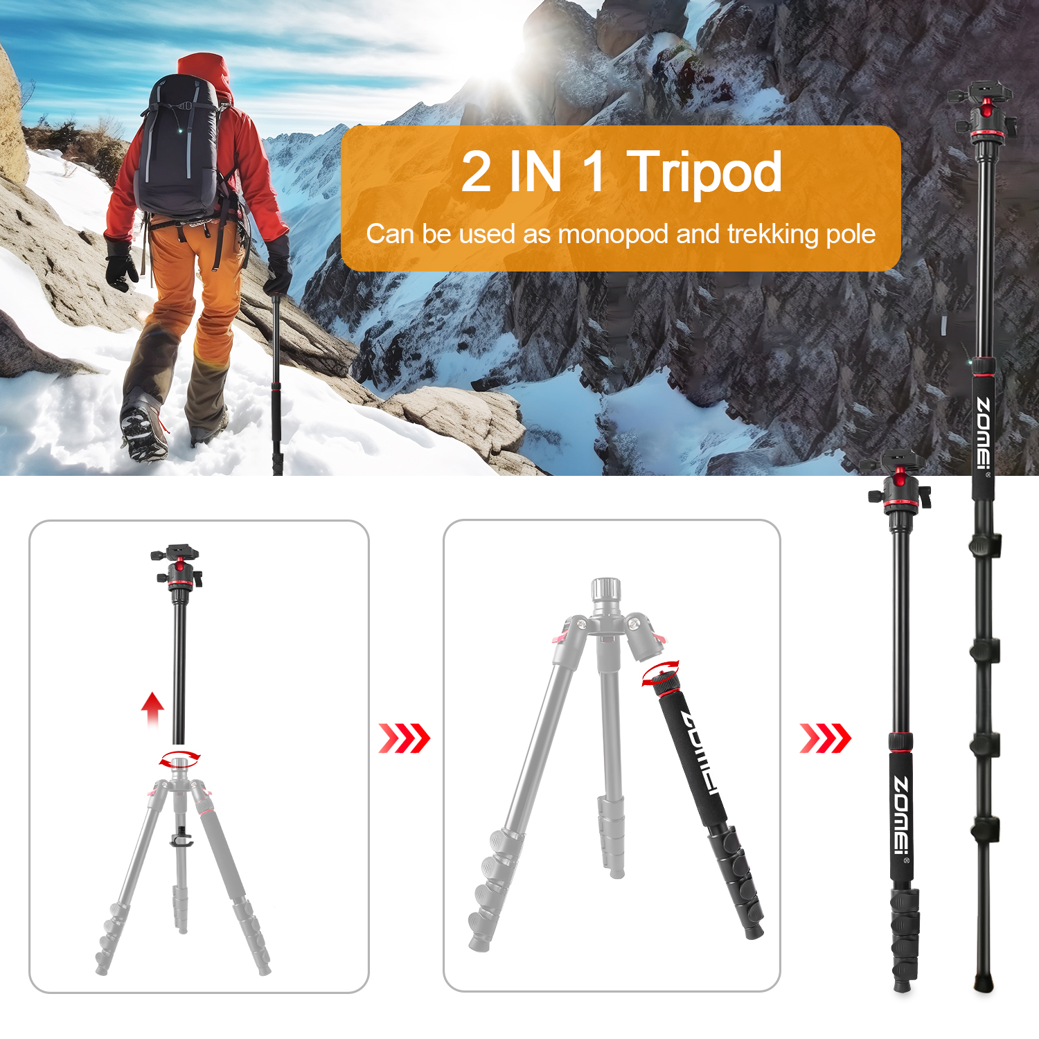 Zomei tripod Q188/Q200 190CM/200CM Camera tripod Aluminum Alloy Tripod ...