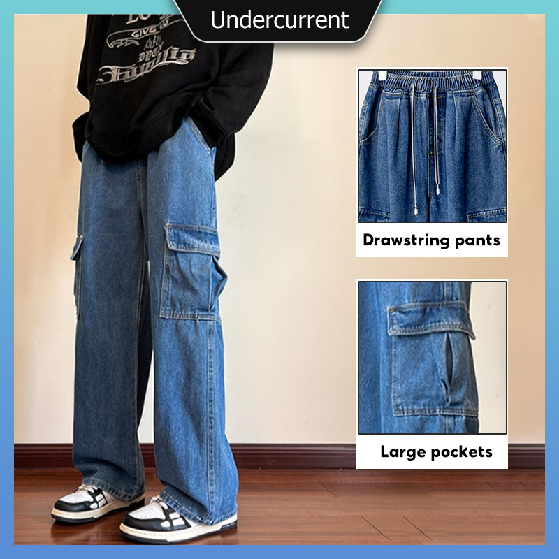 Cargo pants for men korean fashion baggy cargo jeans straight blue ...