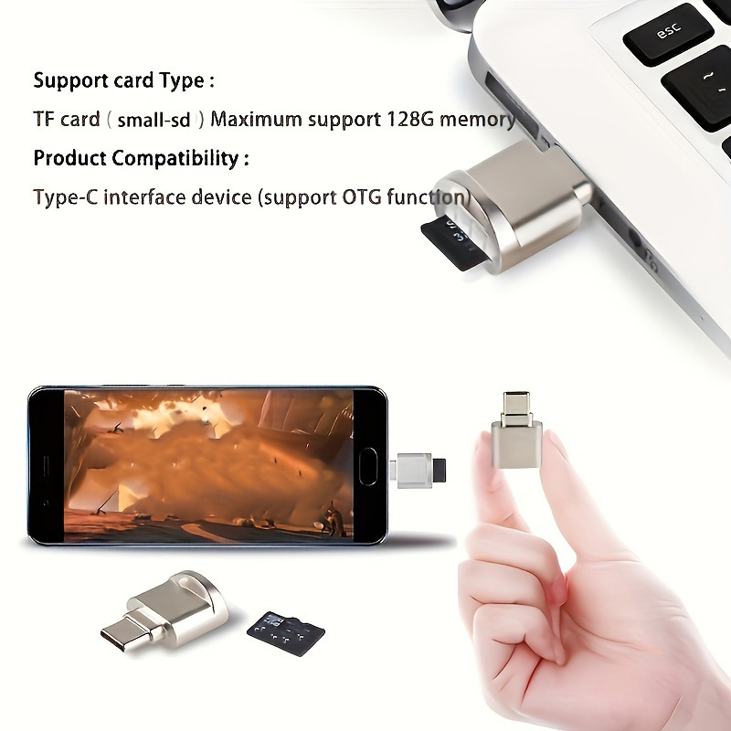 Mini USB C Memory Card Reader OTG Smooth Metal Surface Portable TF OTG ...