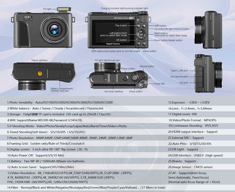 VETEK D300 camera, 8K Digital Camera for Photography , camera for ...