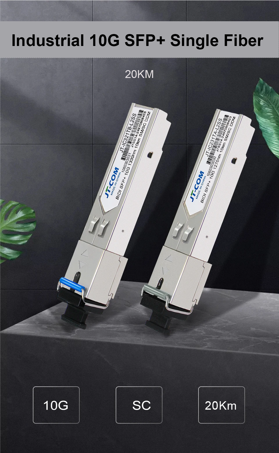 JT-COM Industrial 10G SFP+ BiDi SC Module, 20KM, Single Mode Simplex, 1270nm/1330nm, DDM, Wide ...
