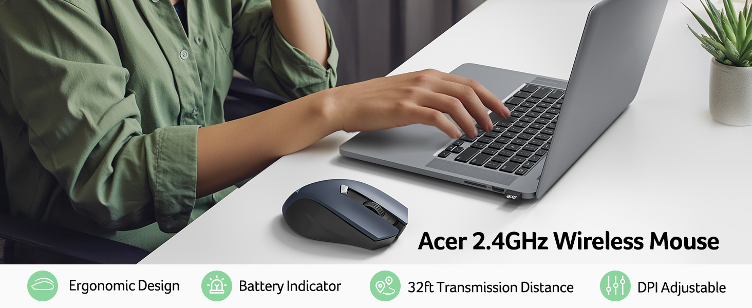 Acer Wireless Mouse, 6 Silent Buttons, 2.4G with USB Mini Receiver, 3 Level DPI Setting 1600DPI ...