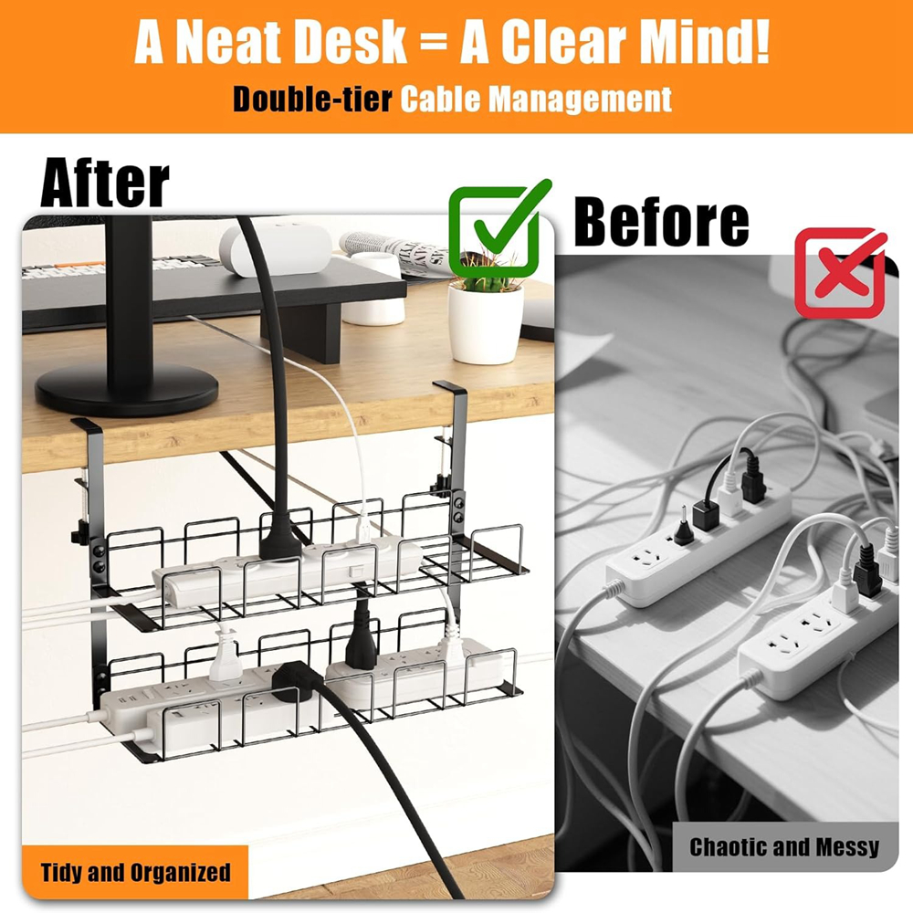 2 Tiers Under Desk Cable Organizer | Power Strip Holder Tray | Under ...