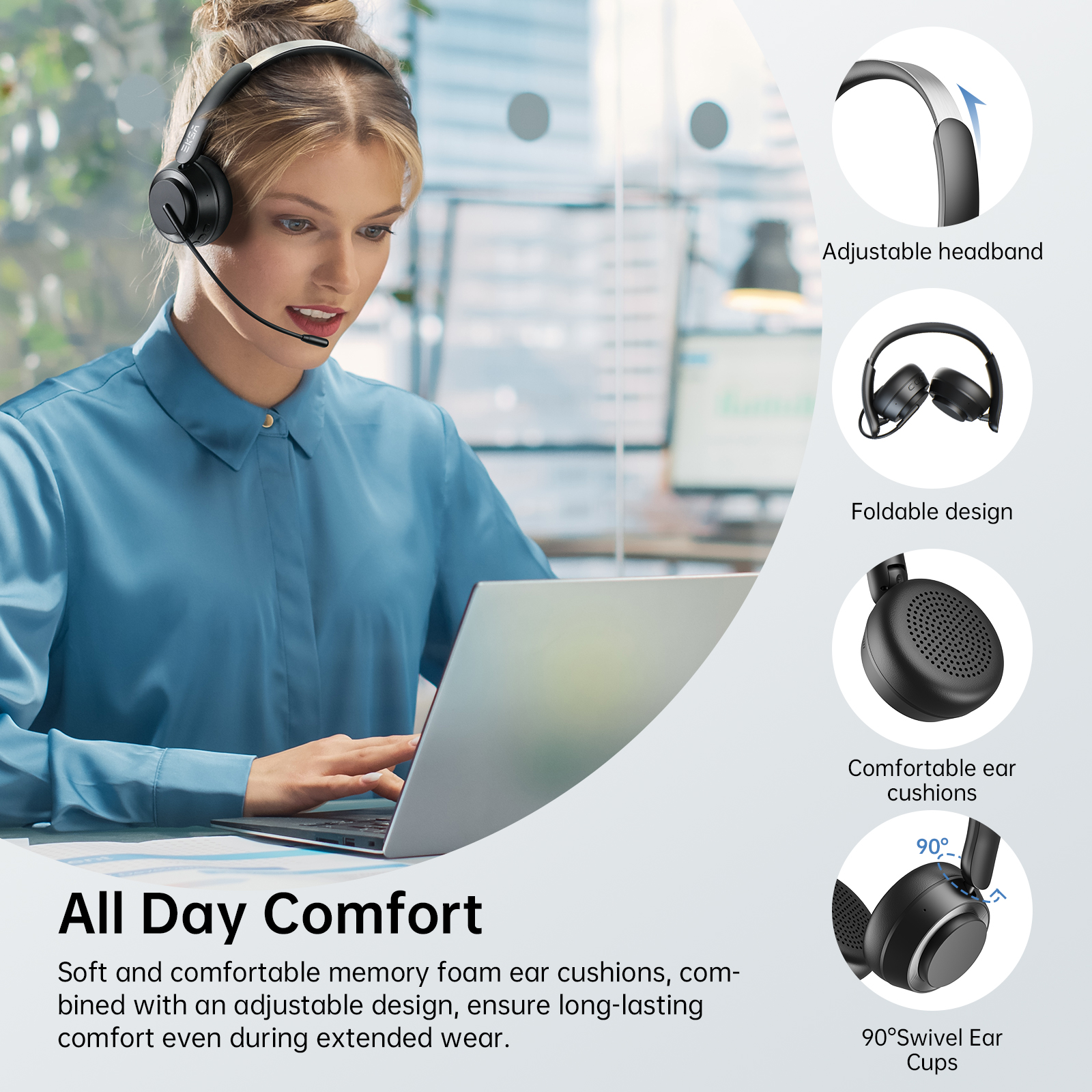 EKSA H35 Bluetooth 5.4 Headset Wireless ENC Noise Cancelling Headphones ...