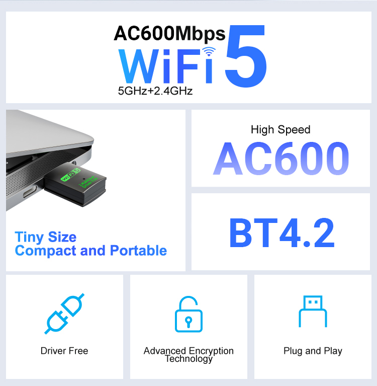 Walram Mini USB WiFi Adapter 600Mbps Bluetooth4.2 WiFi Receiver Realtek ...