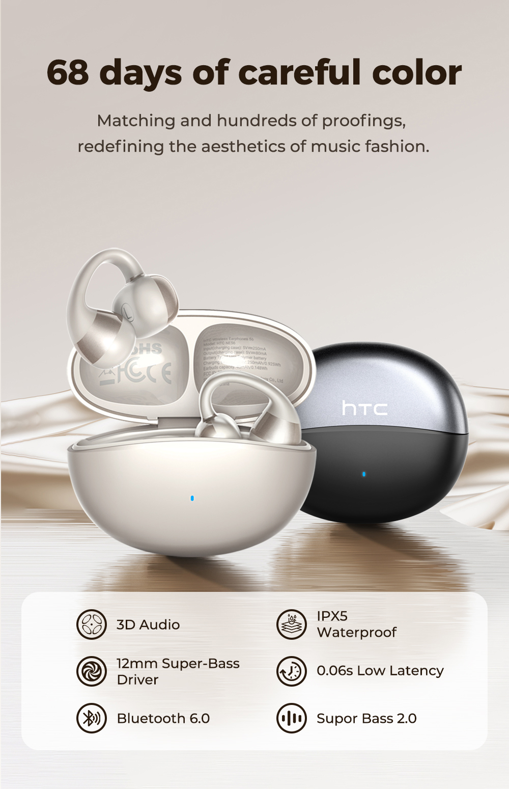 HTC NE56 Bluetooth Headphones 4-Mic ENC noise-cancelling Headphones 3X ...