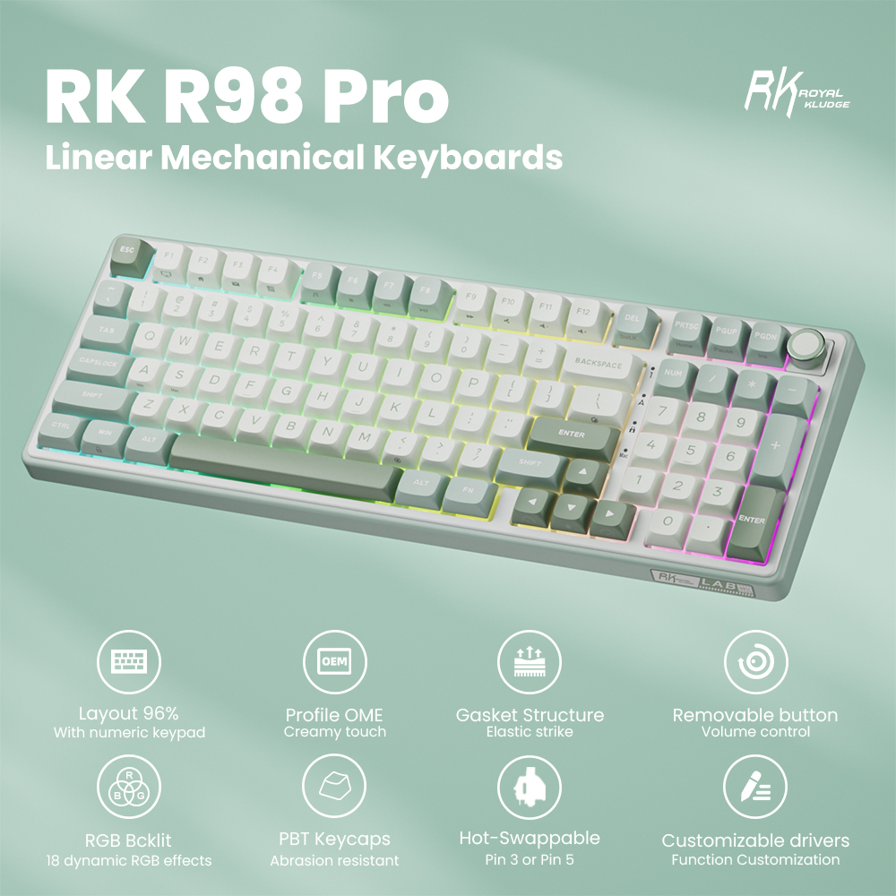 Royal Kludge RK R98Pro Sky Cyan 98 Key RGB Wired With Knob Mechanical ...
