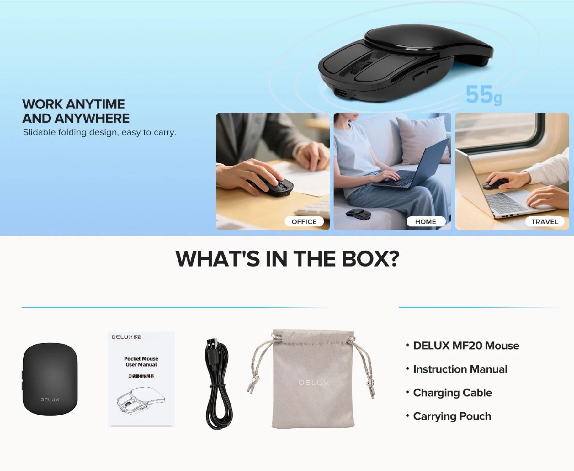 Delux MF20 Wireless Folding Mouse Ultralight 50g Portable Silent Click ...