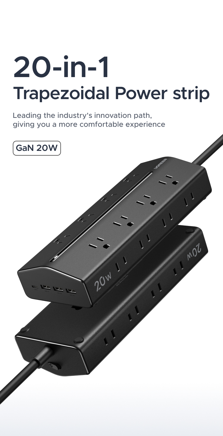 UGREEN Trapezoidal Power Strip GaN 20W with USB Ports US Plug 1.5M Cord ...