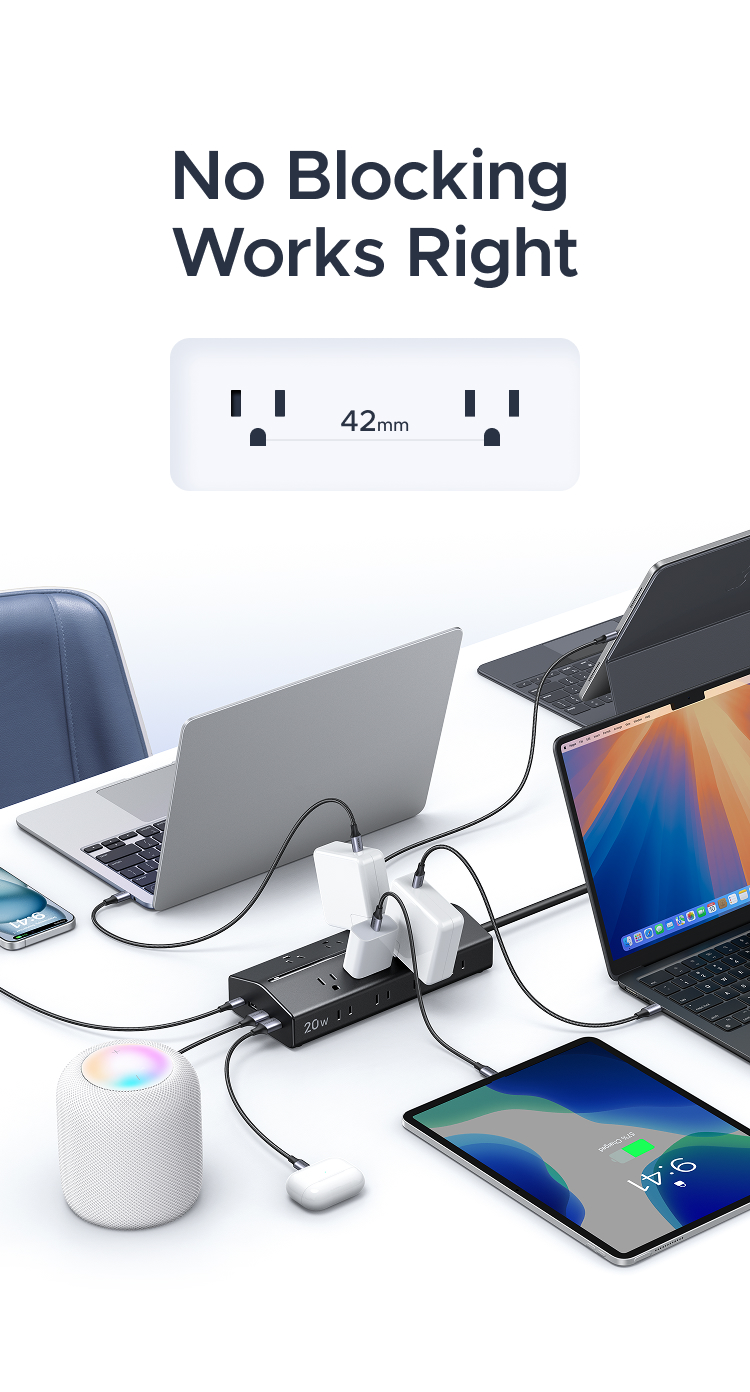 UGREEN Trapezoidal Power Strip GaN 20W with USB Ports US Plug 1.5M Cord ...