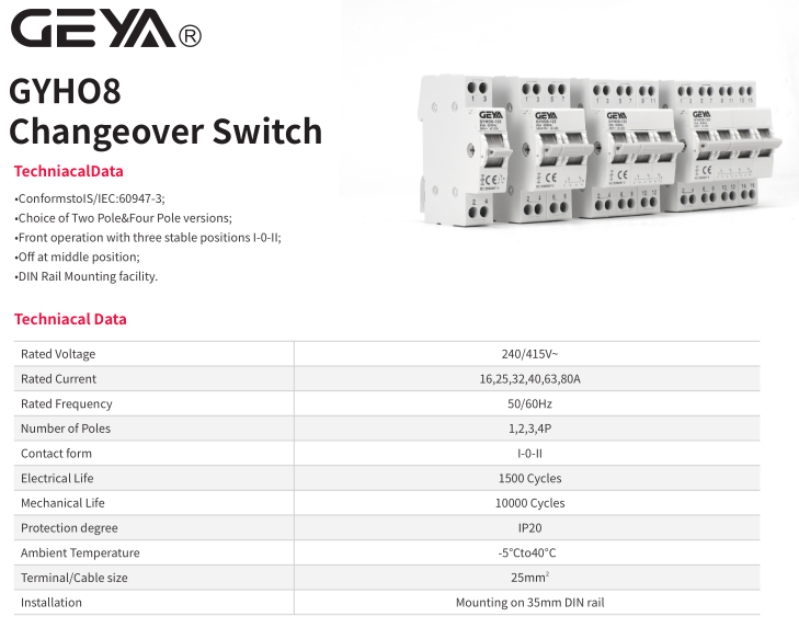 GEYA Manual Changeover Transfer MTS Isolating Switch 1/2/3/4P 100/125A ...