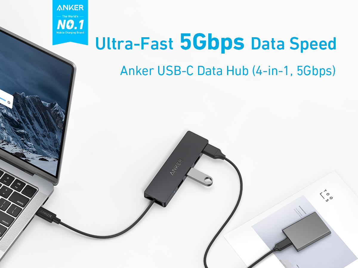 Anker 4-Port USB 3.0 Hub with 5Gbps Data Transfer, Ultra-Slim USB-C ...