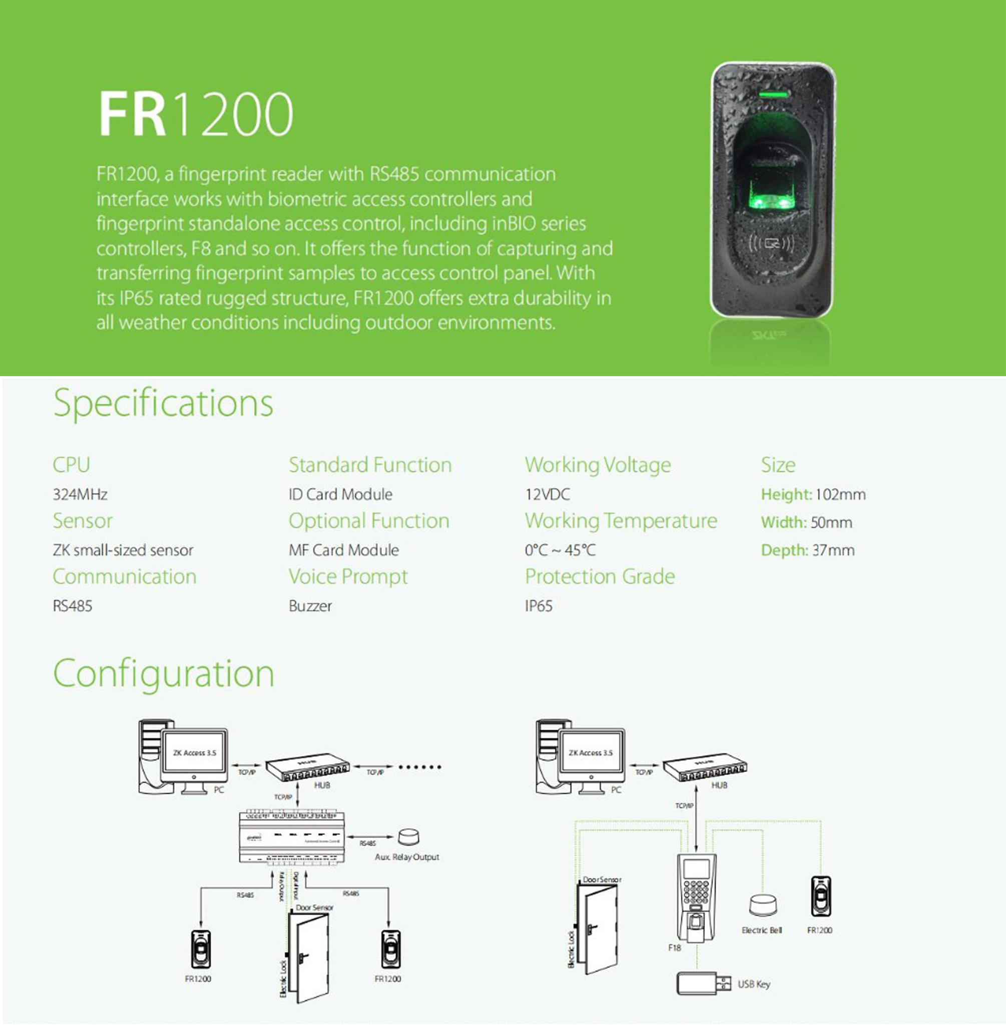 Waterproof Fingerprint Reader with RS485 Communication Interface Works ...
