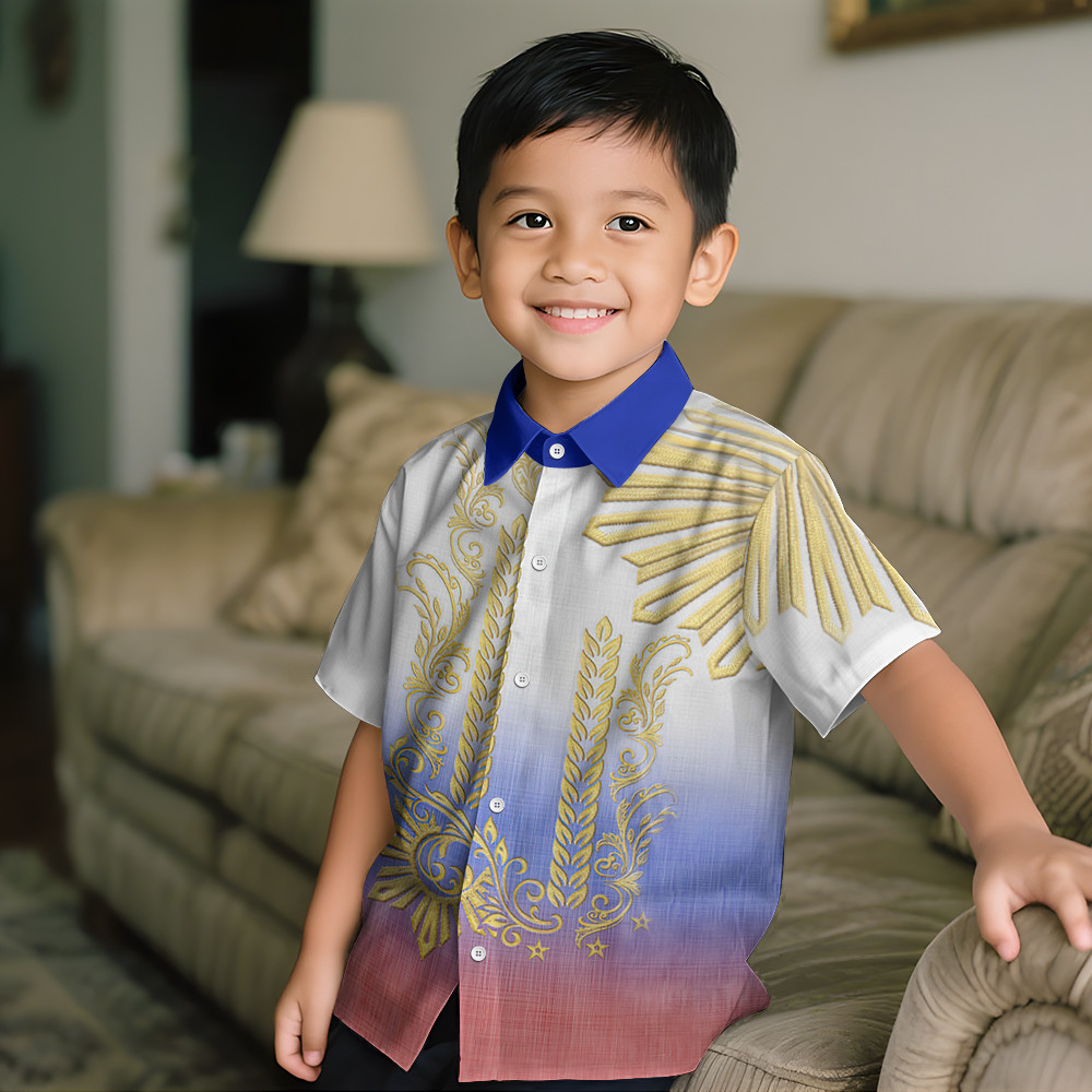 Khaki Brown Kids Barong Short Sleeve 3D Printed Gold Scroll & Black ...