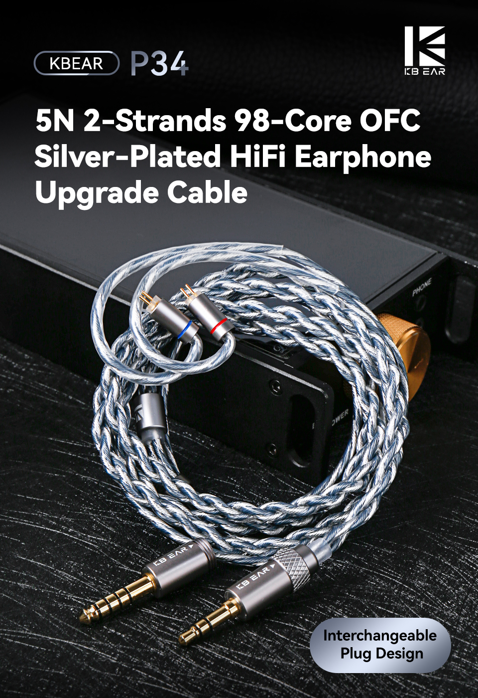 KBEAR P34 Earphone Upgrade Cable 5N 2-Strands 98-Core OFC 2Pin Silver ...