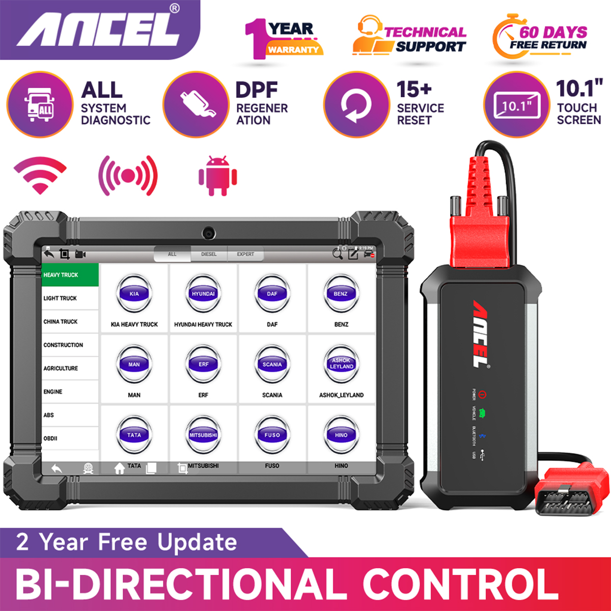 ANCEL X7 HD Heavy Duty Truck Bidirectional OBD2 Scanner 12/24V ECU ...