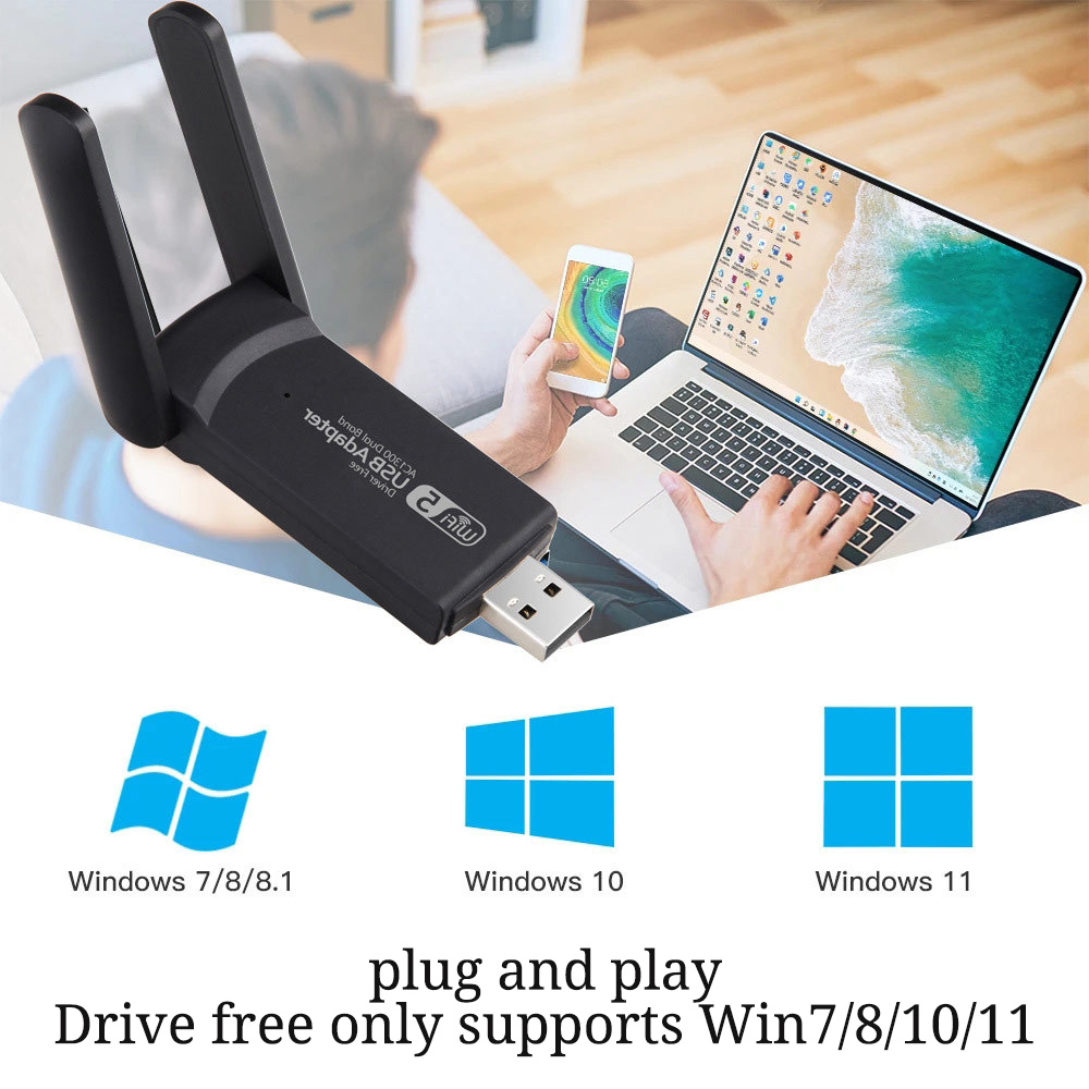 Dual Band Wi-fi Adapter 2.4G and 5G USB 3.0 5Ghz 1300Mbps with 2 Antennas 2.4G and 5G Wi-fi USB ...
