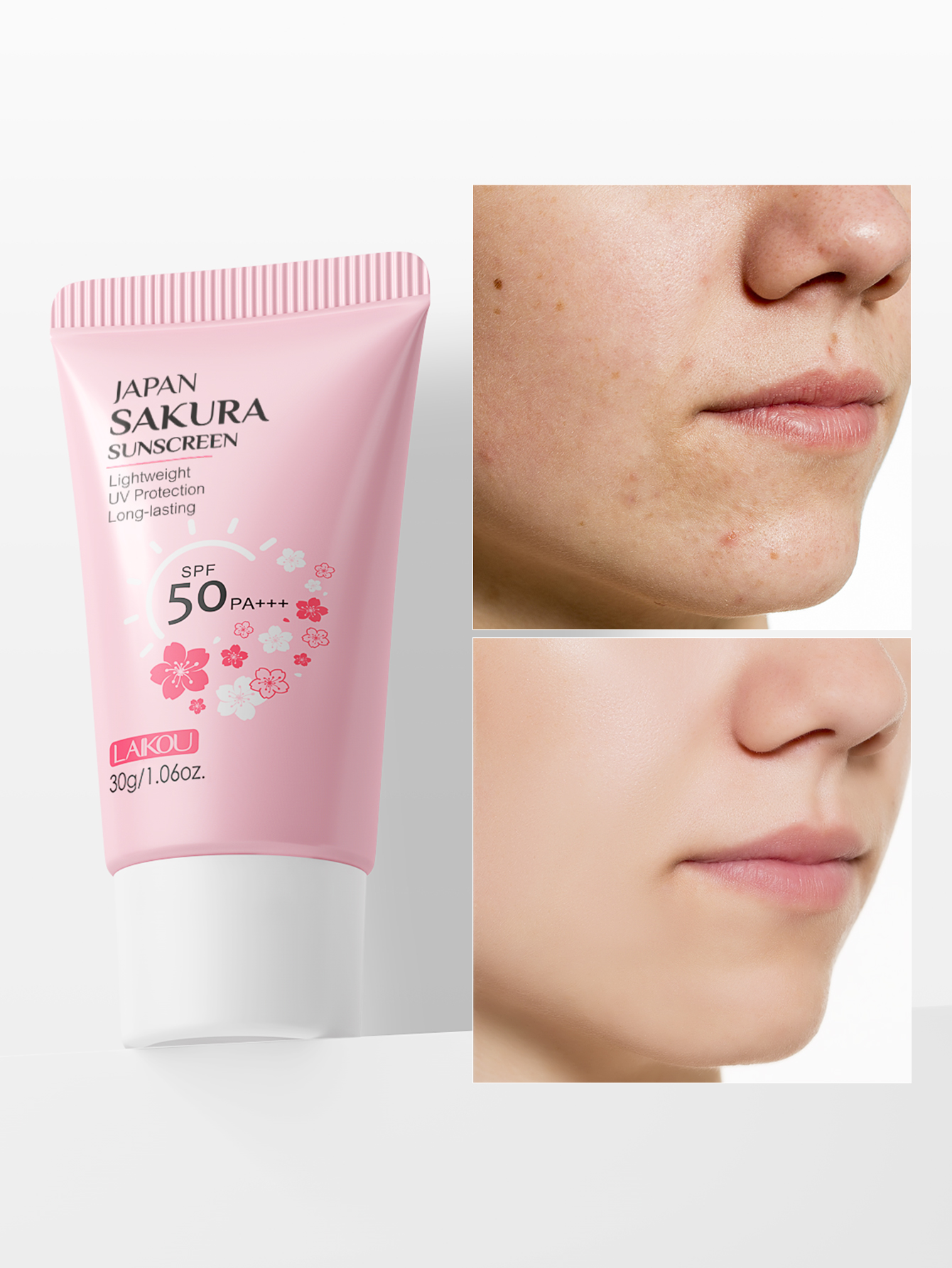 LAIKOU Sakura Sunscreen SPF50 30g x 3, Lightweight, UV Defense ...