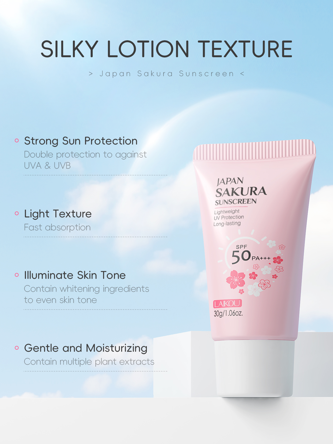 LAIKOU Sakura Sunscreen SPF50 30g x 3, Lightweight, UV Defense ...