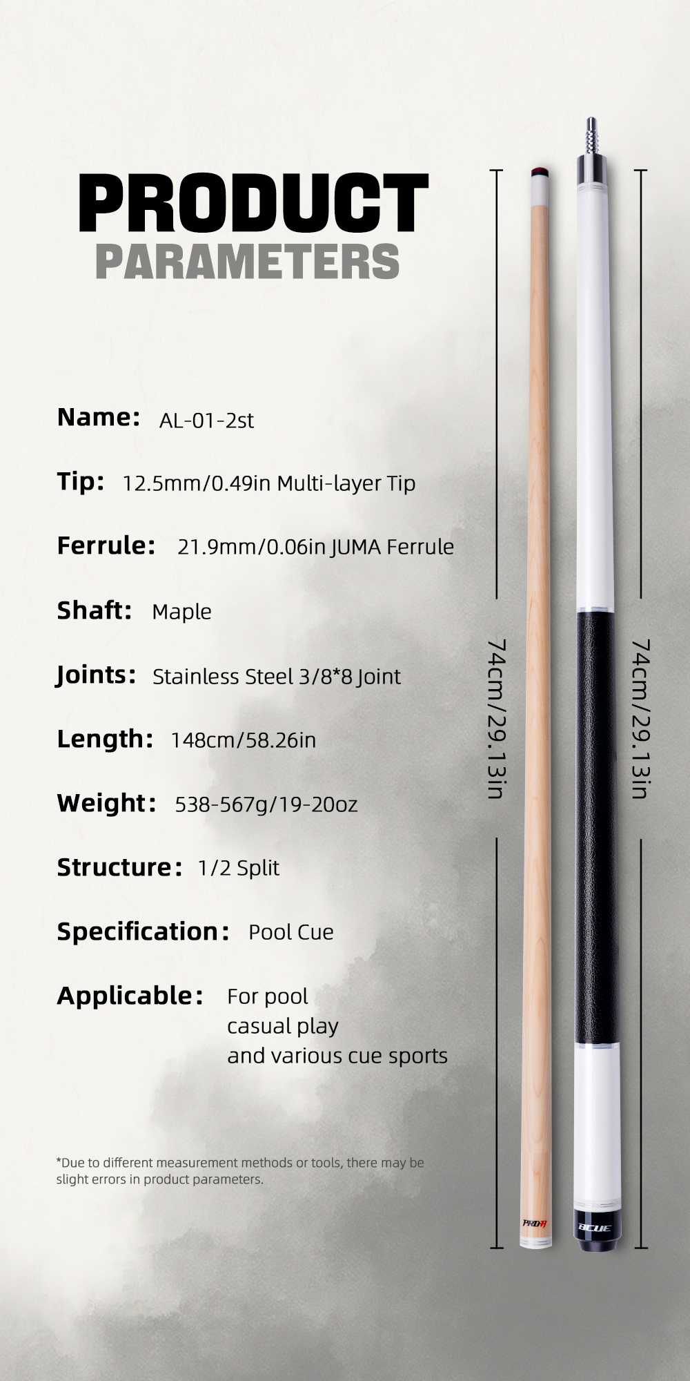 BCUE AL-01 Maple Pool Cue Sticker maple shaft with 12.5mm tip radial ...