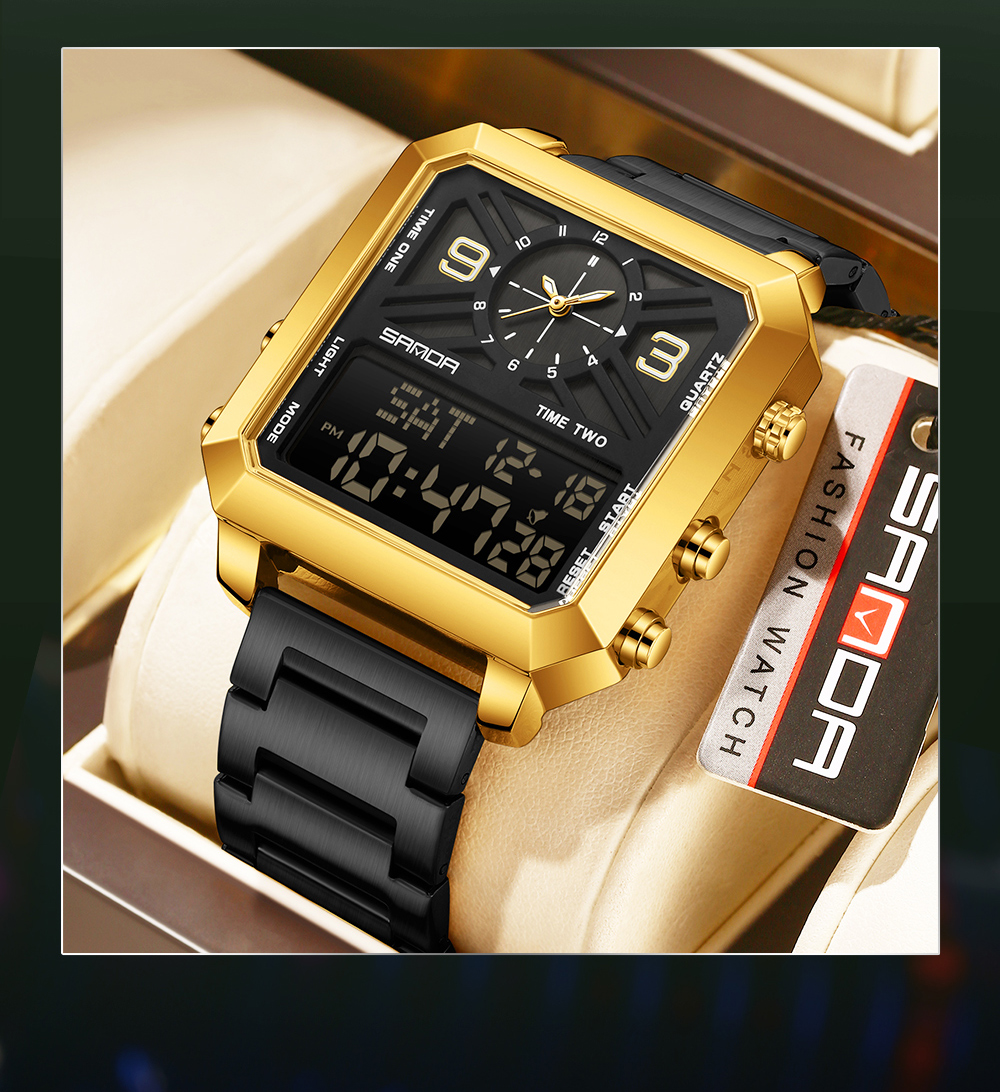 SANDA 6265 Square Dual Display Men's Watch Quartz Dual Movement 3ATM ...