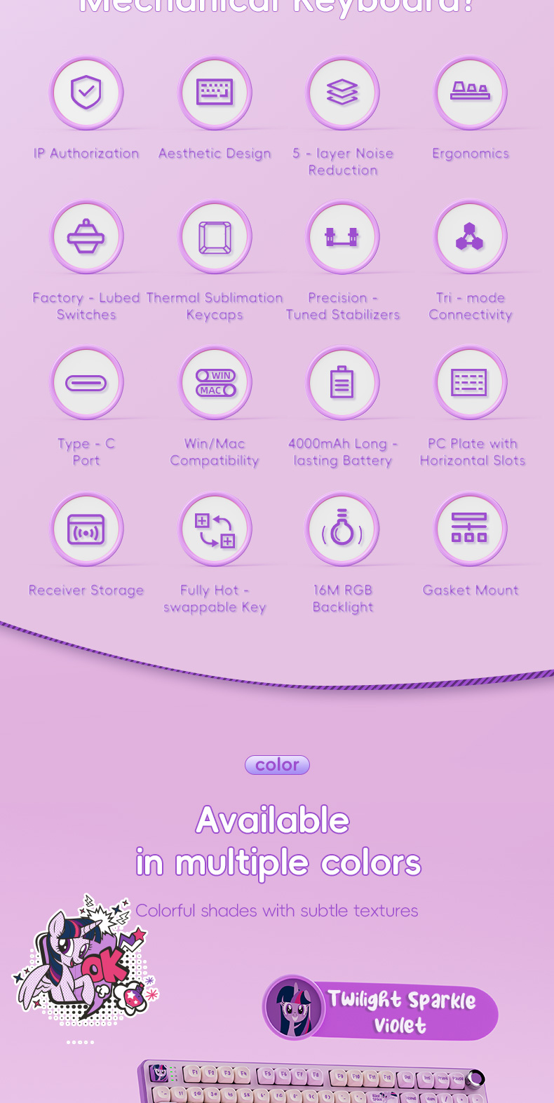 My Little Pony GK01 Mechanical Keyboard Wireless 101 Keys Hot-Swap RGB ...