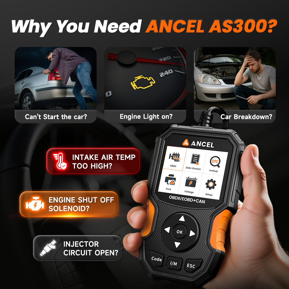 ANCEL AS300 12V Car Basic OBD2 Scanner Fault Code Reader Erase Check ...