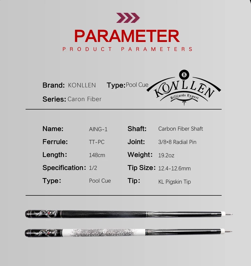 KONLLEN AING Series Carbon Fiber Pool Cue Stick Handmade Dragon Real ...