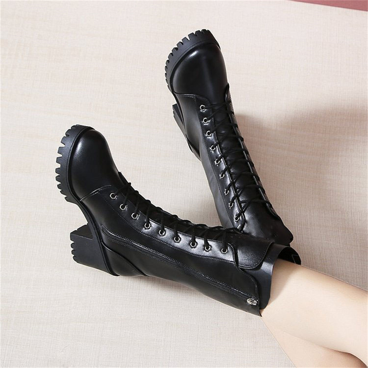 Women's Black Chunky Heel Lace-Up Casual Martin Boots Fashionable Side ...