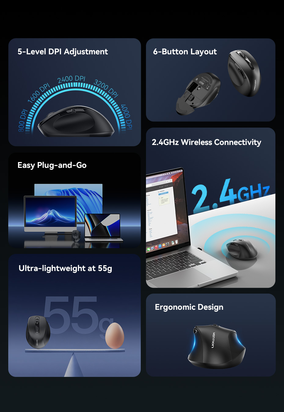 Vention 2.4G Wireless Mouse 4000DPl Low Power Consumption Mice With Usb ...