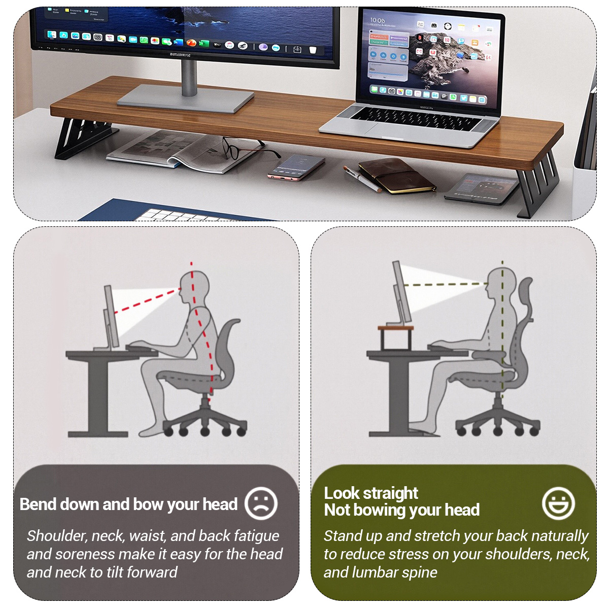 Wooden Monitor Stand Office Computer Monitor Riser Desktop Storage Rack ...