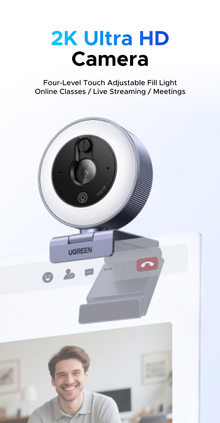 UGREEN 2K Ultra HD Camera Four -level Touch Adjustable Fill Light Live Streaming Meeting Built ...