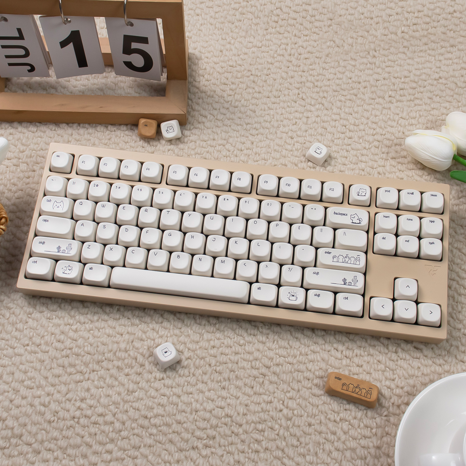 Sand Kitty Keycaps MOA profile Round cute Creamy white keycap set for ...