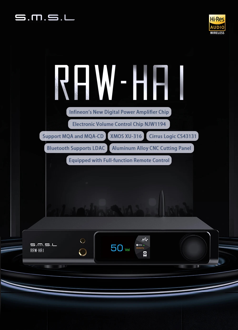 SMSL RAW-HA1 Power Amplifier MQA MQA-CD XU316 32Bit/768kHz DSD256 BT5.1 ...