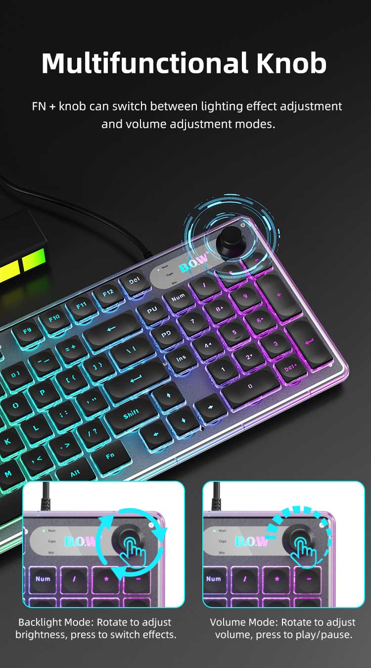 BOW Wired Mechanical Feel Keyboard Tri-Mode RGB Wireless Backlit Gaming ...