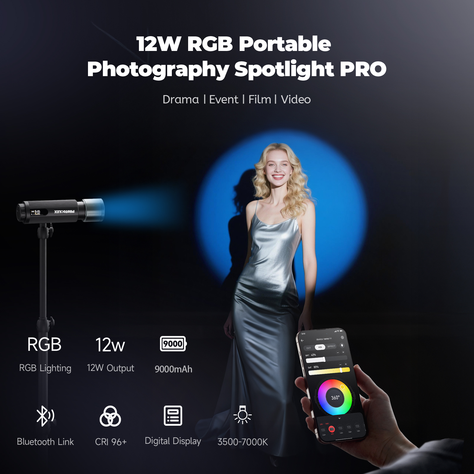 PHOTOOLEX 12W Photography Flashlight Pro Set Full Color RGB Adjustable ...