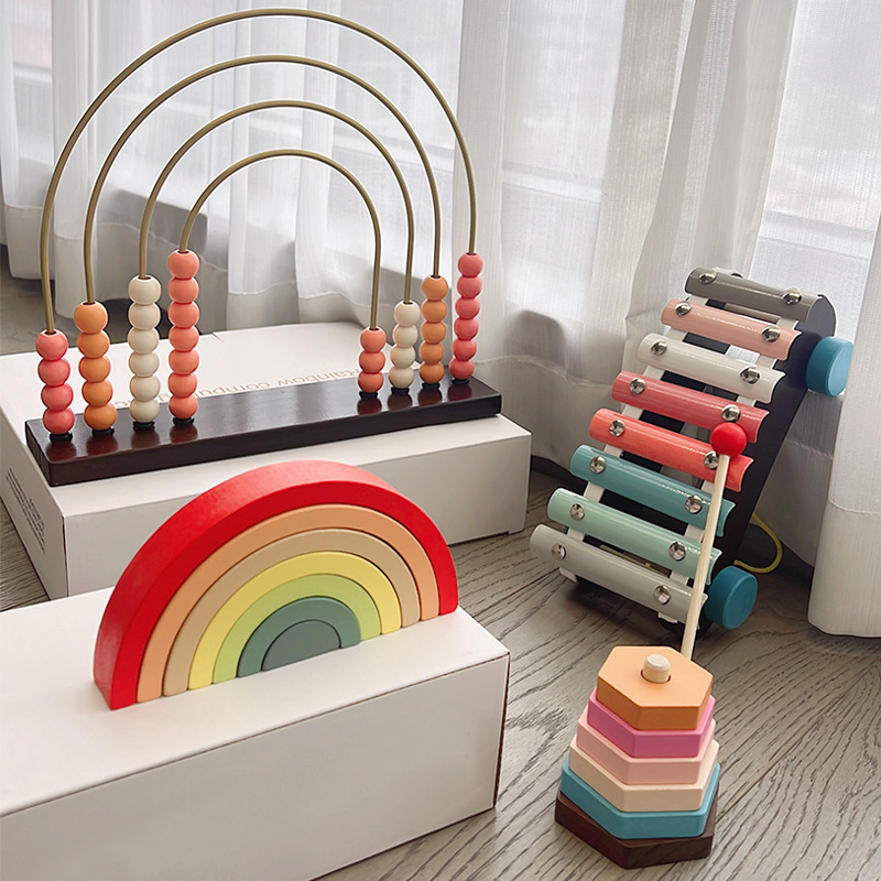 Montessori Wooden Toddler Rainbow Tower Bead Rack Column Knocking Piano ...