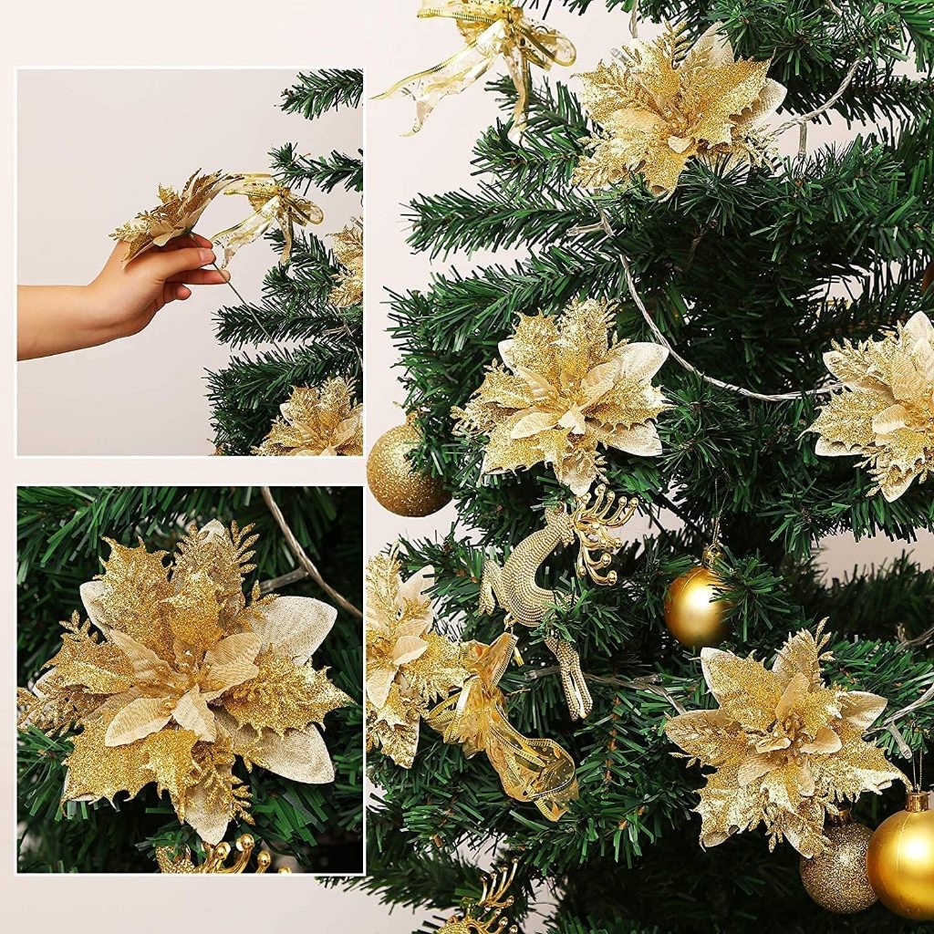 10Pcs Glitter Artificial Flowers With Clips Merry Christmas Ornaments ...