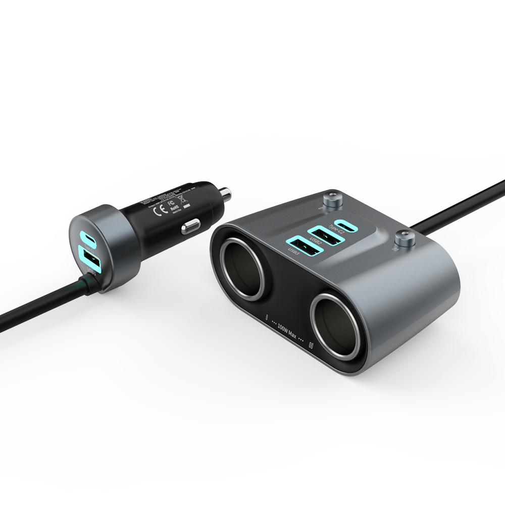 147W Car Charger Splitter 12–24V Dual 12V Power Outlets + 5 USB (USB‑C ...