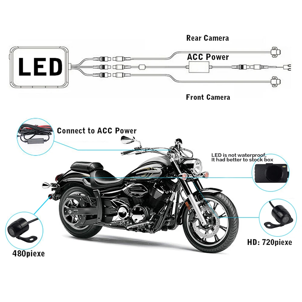 FHD 1080P Waterproof Camera 4" Motorcycle DVR Front Rear Dual Camera ...