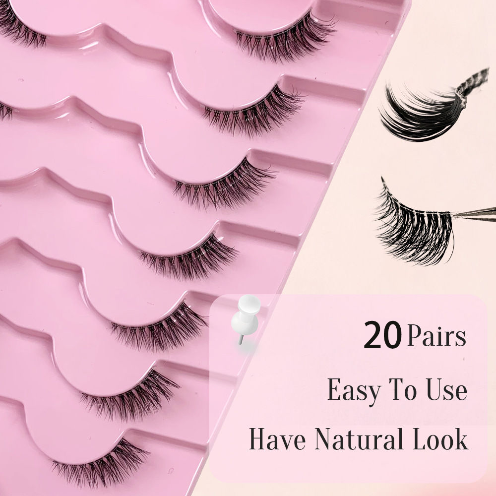 20 Pairs Natural Short 3/4 Lashes - Clear Band, Wispy Fluffy Cat Eye ...