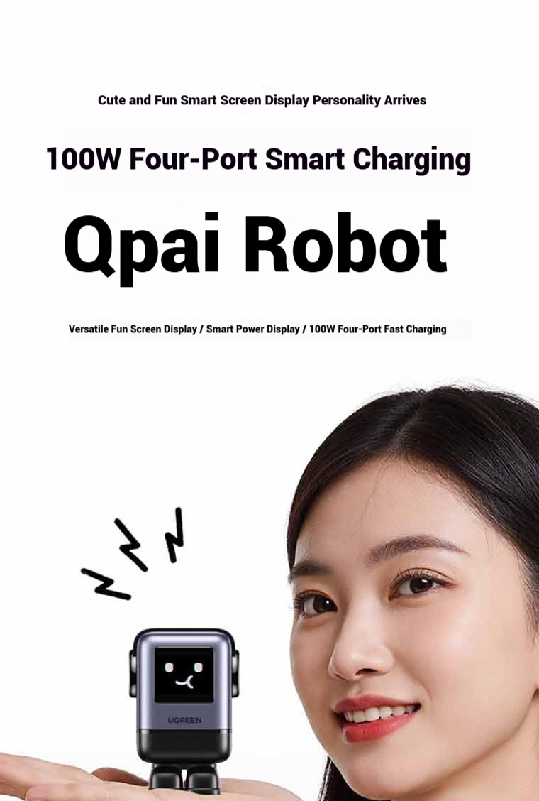 UGREEN Q Pai Screen Display Robot 100W Gallium Nitride Charger PD Fast ...