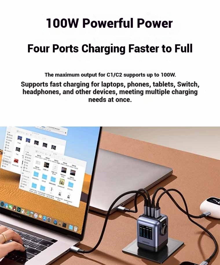 UGREEN Q Pai Screen Display Robot 100W Gallium Nitride Charger PD Fast ...