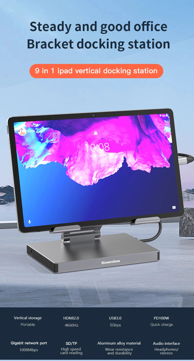 9-in-1 USB C HUB Tablet Holder Docking Station 4K60Hz HDMI 1000Mbps ...