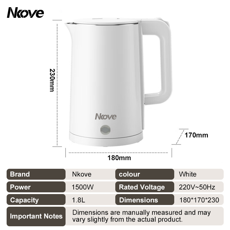 Electric Kettle 1.8L 1500W Double Wall Insulation Auto Shut-Off & Cool ...