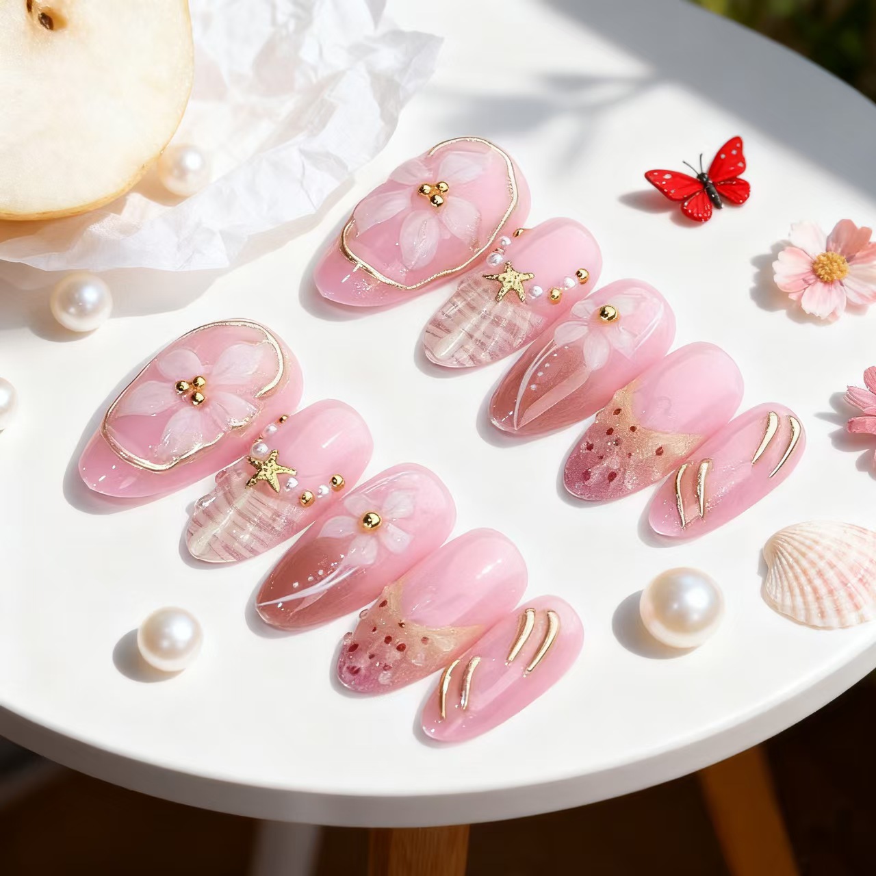 HANDMADE Artificial Press on Nail Sweet Love Crystal Phototherapy Fake ...