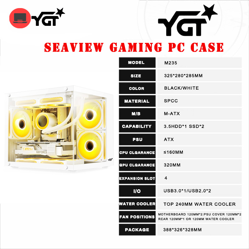 YGT Black/White Gaming Pc Case With Tempered Glass Seaview Place Cool ...