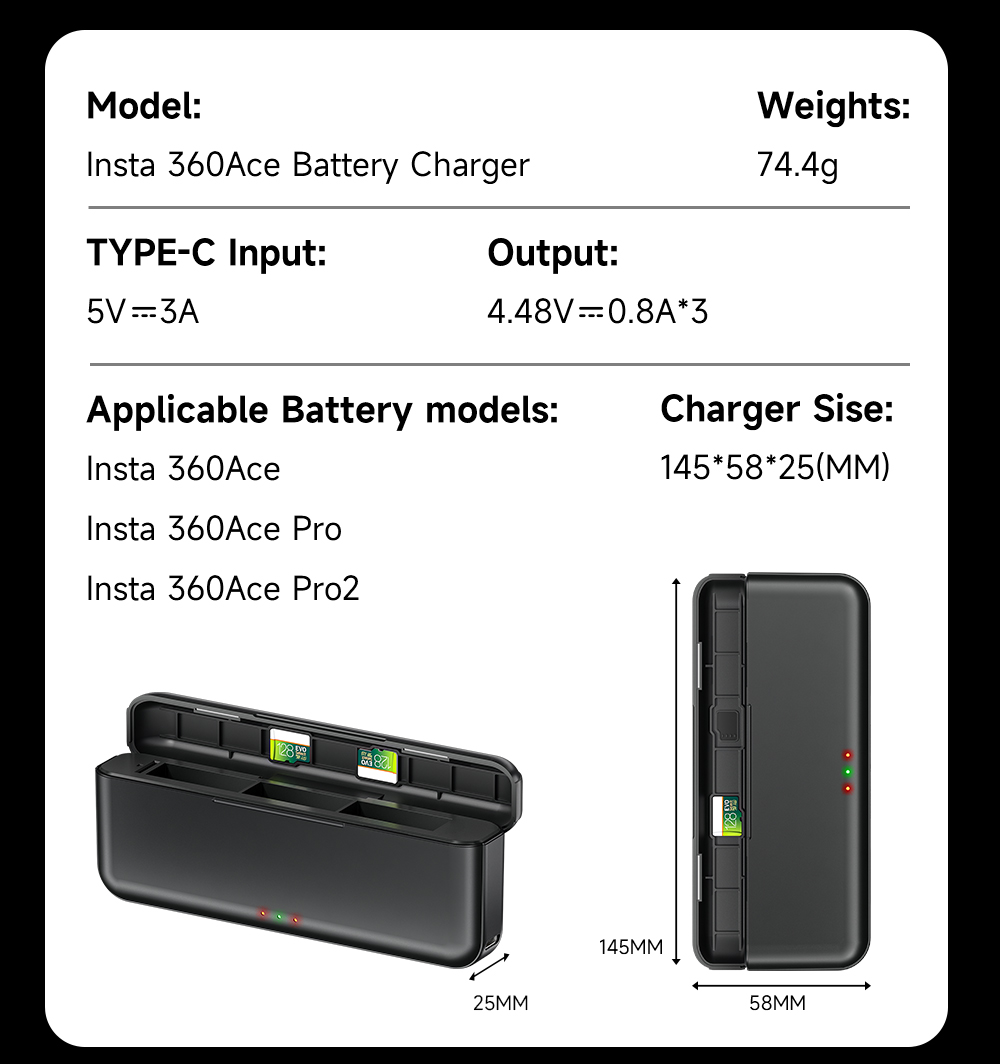 CITYORK Insta360 Ace Pro 2/Ace Pro/Ace Battery 2400mAh + 3-slot charger ...